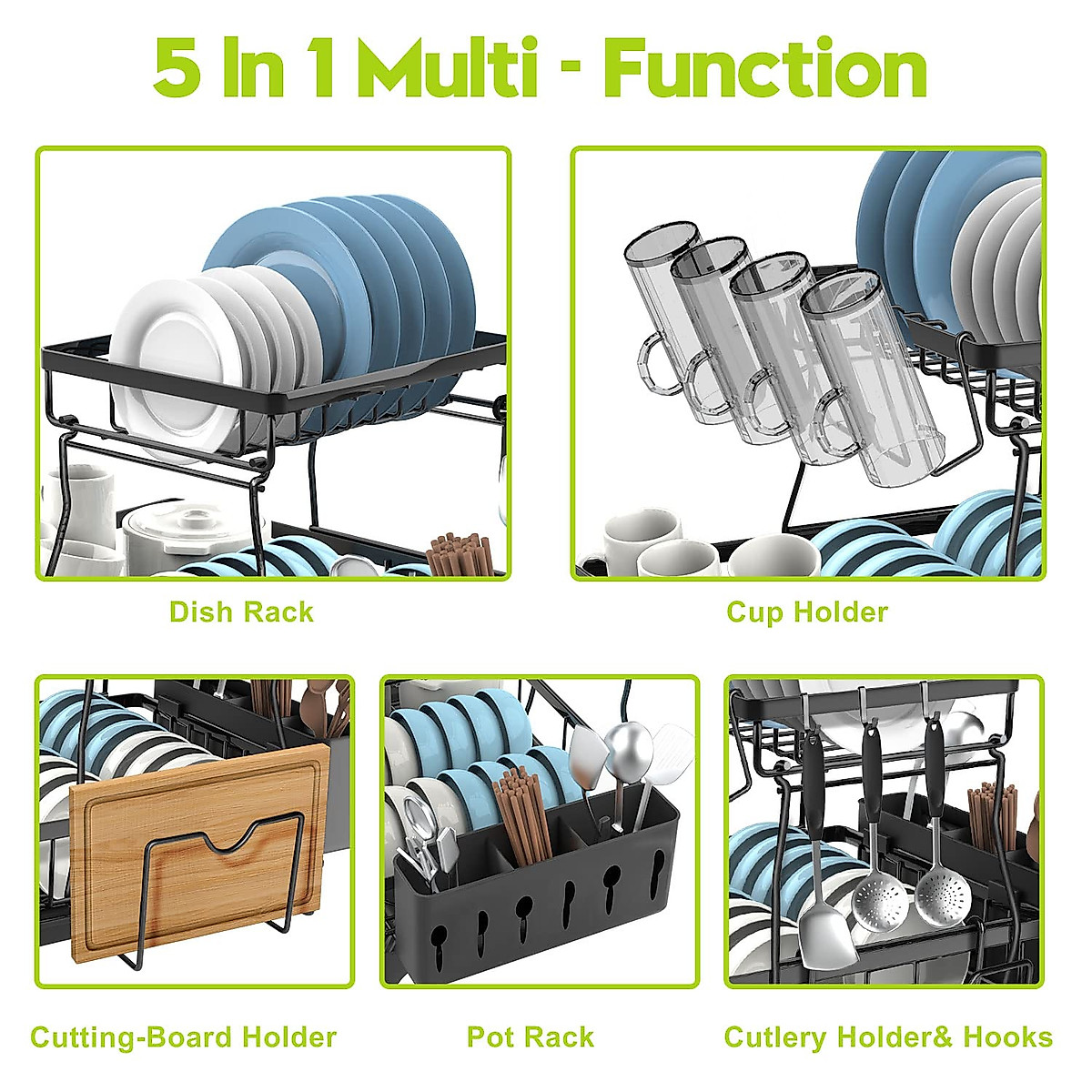 vikiciy Dish Rack Dish Drying Rack Dish Racks for Kitchen Counter, Drying Rack for Kitchen Counter 2 Tier Dish Rack with Auto-draining Tray for Kitchen with Utensil Holder, Cutting Board Holder