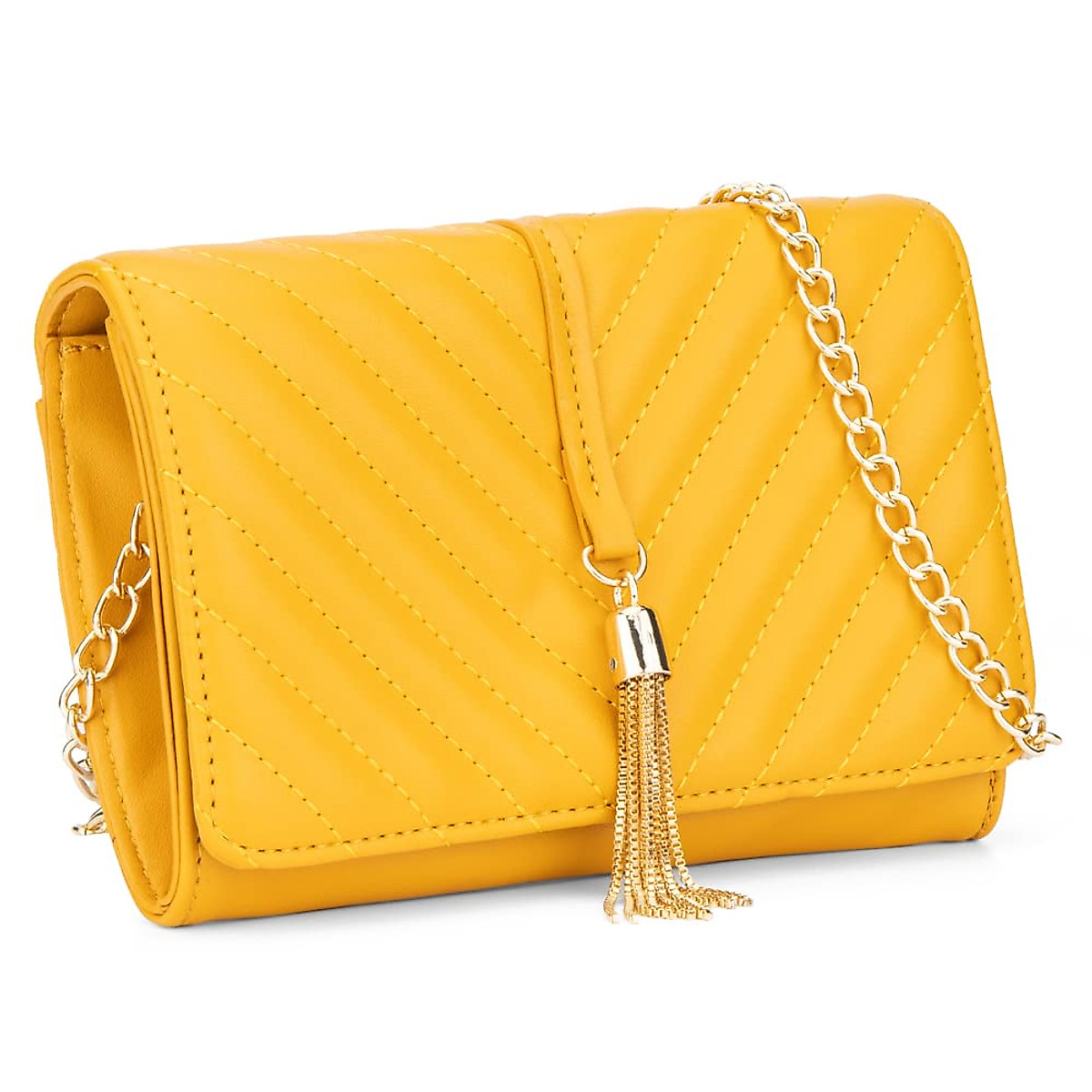 Olivia Miller Women's Fashion Asher Faux PU Leather Quilted Textured w Tassel n Front Flap, Yellow Crossbody Bag Everyday Small Evening Casual Work Purse Handbag