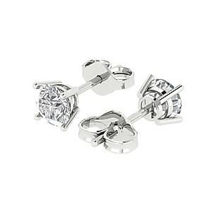 Clara Pucci 1.0 ct Round Cut Conflict Free Solitaire White Lab Created Sapphire Designer Stud Earrings Solid 14k White Gold Push Back