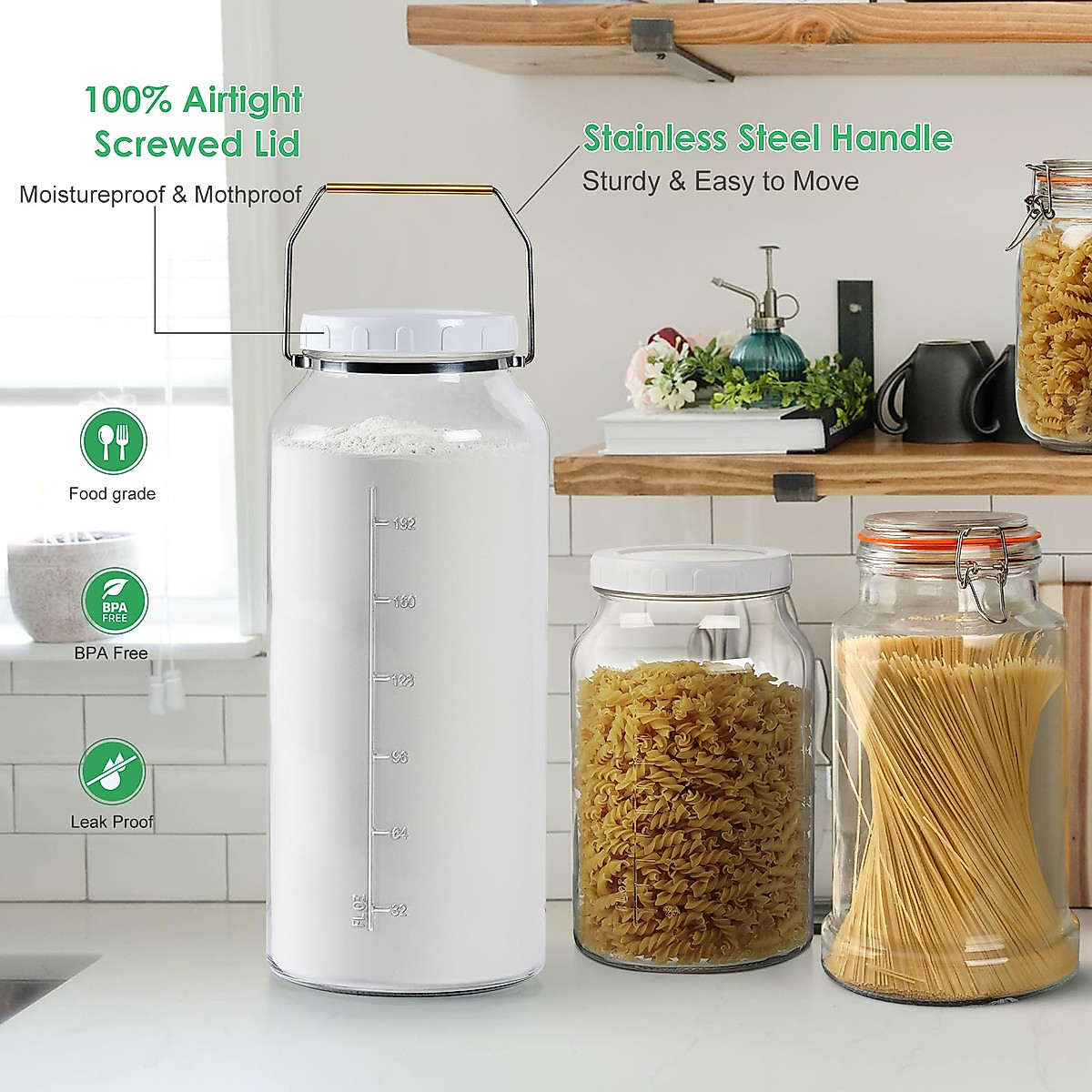 Qianfenie 2 Gallon Glass Jar with Airtight Lid, Wide Mouth Mason Jar with Lids(7600ML), Set of 1, 2 Gallon Large Glass Jar with Lid and Stainless Steel Handle