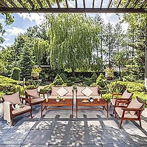 LIRUXUN 8PCS Patio Rattan Furniture Set Acacia Wood Frame Cushioned Sofa Chair Garden Coffee Table