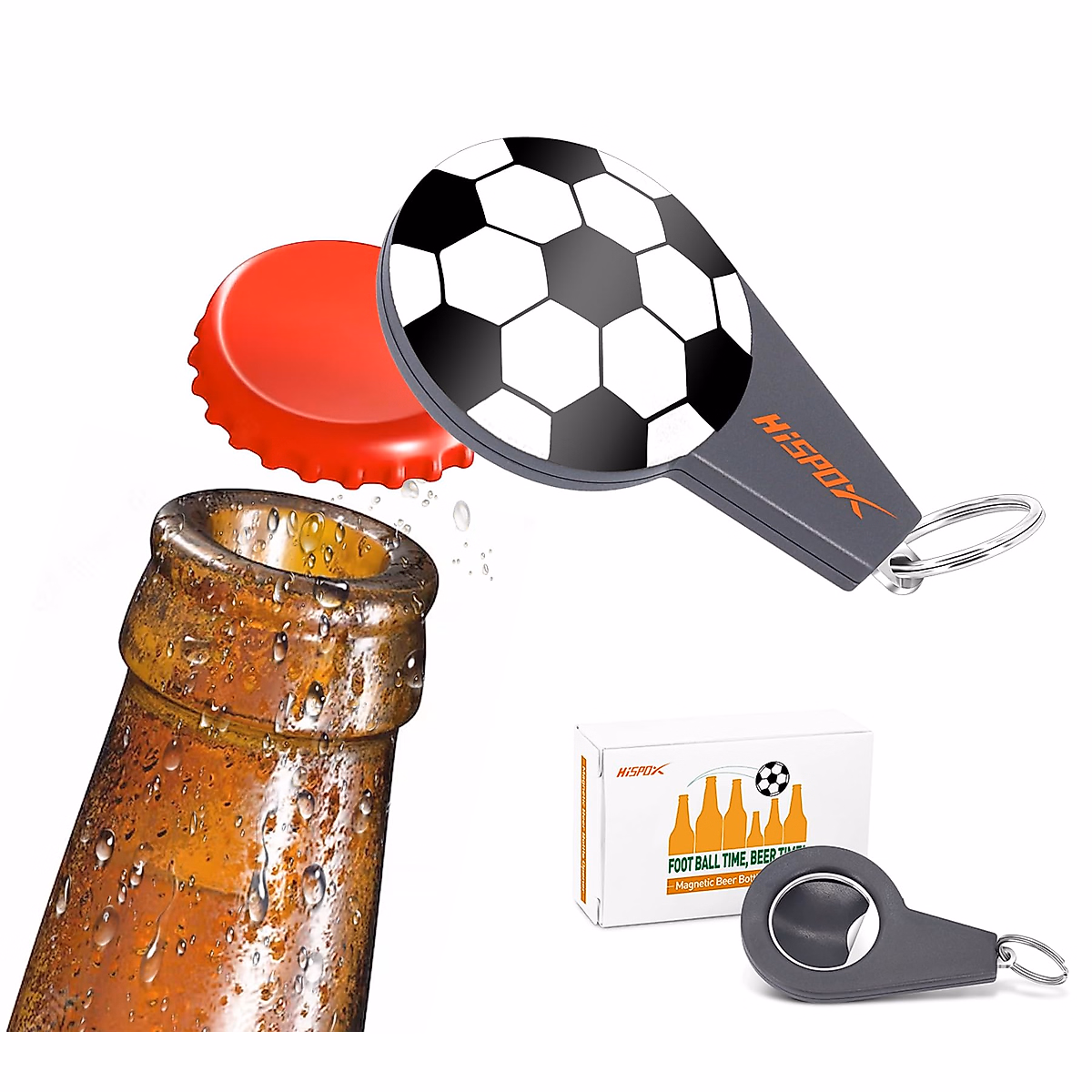 2 pcs Beer Bottle Opener with Keychain, Soccer Style Stainless Steel Flat Bottle Opener, Stick to Refrigerator for Easy Storage with Magnet, Gift for Men Husband Father