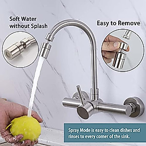 Wall Mount Unility Kitchen Sink Faucet Brushed 8 Inch Center Faucet with Gooseneck Swivel Spout Single Handle Kitchen Faucet Utility Laundry Restaurant Mixer Tap Stainless Steel Constructed Lead-Free