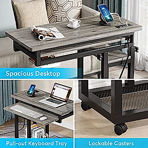 Tribesigns Small Portable Desk with Power Outlet, Height Adjustable Sofa Couch Bedside Laptop Table with Wheels, Mobile Standing Desk Rolling Computer Cart C Side Table with USB Ports