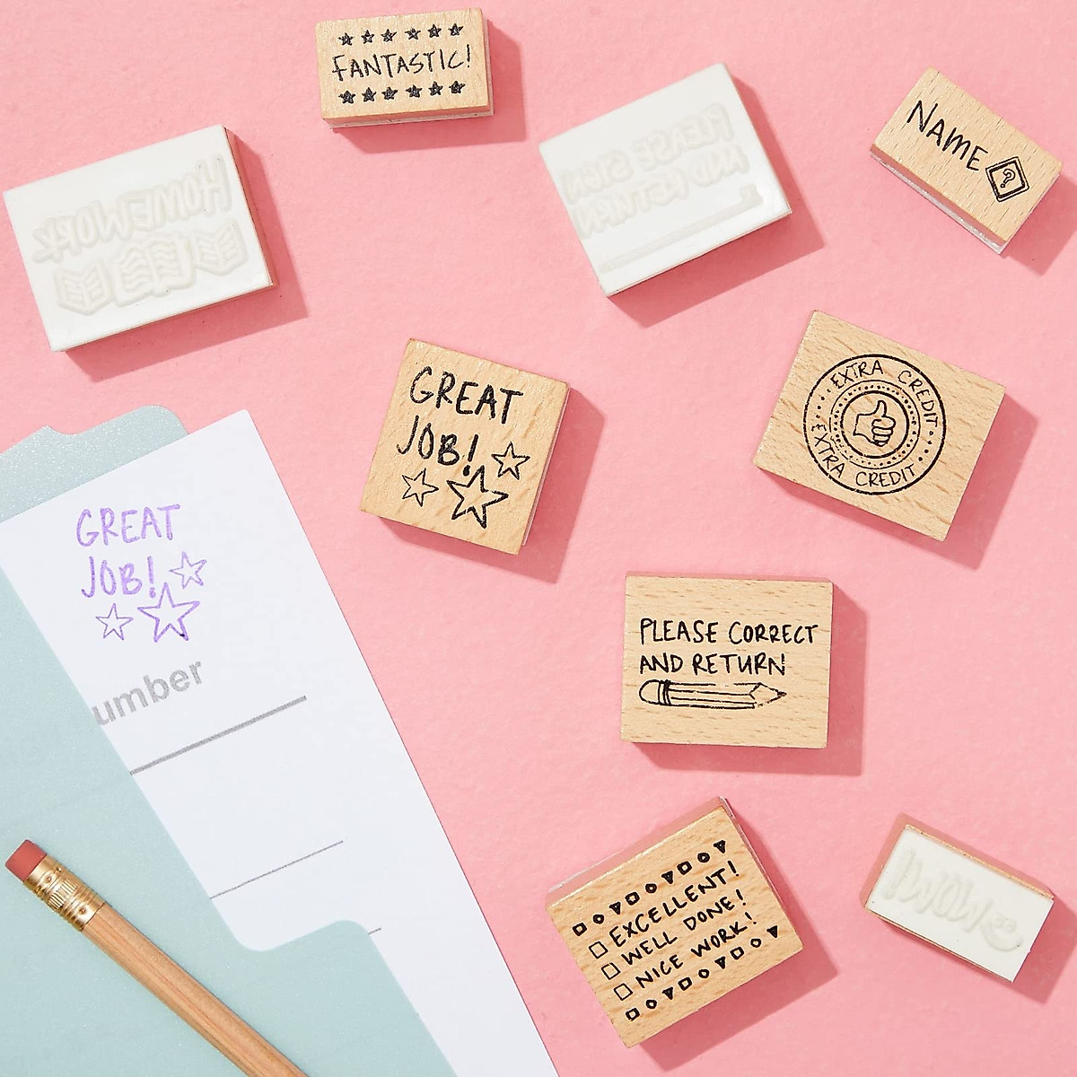 9 Piece Set of Wooden Rubber Teacher Stamps - Classroom Supplies for Grading Homework (Assorted Sizes)