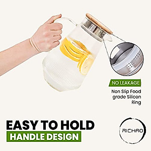 Richro Glass Pitcher with Lid - Elegant Glass Water Carafe with Lid - Durable & Sturdy Glass Water Pitcher - 55 Oz Heat Resistant Glass Carafe for Hot/Cold Beverages, Coffee,Juice, Iced Tea Pitcher,