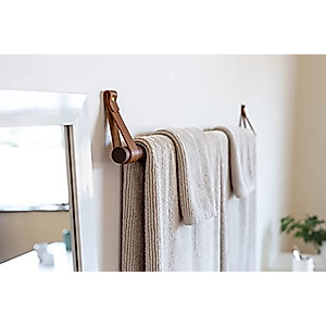 Bathroom Fixture Kit includes leather & wood Toilet Paper Roll Holder, Bath Towel Rail, leather & brass hanging Hand Towel Ring hook with gold hardware, straps are wall mounted, accessories rack