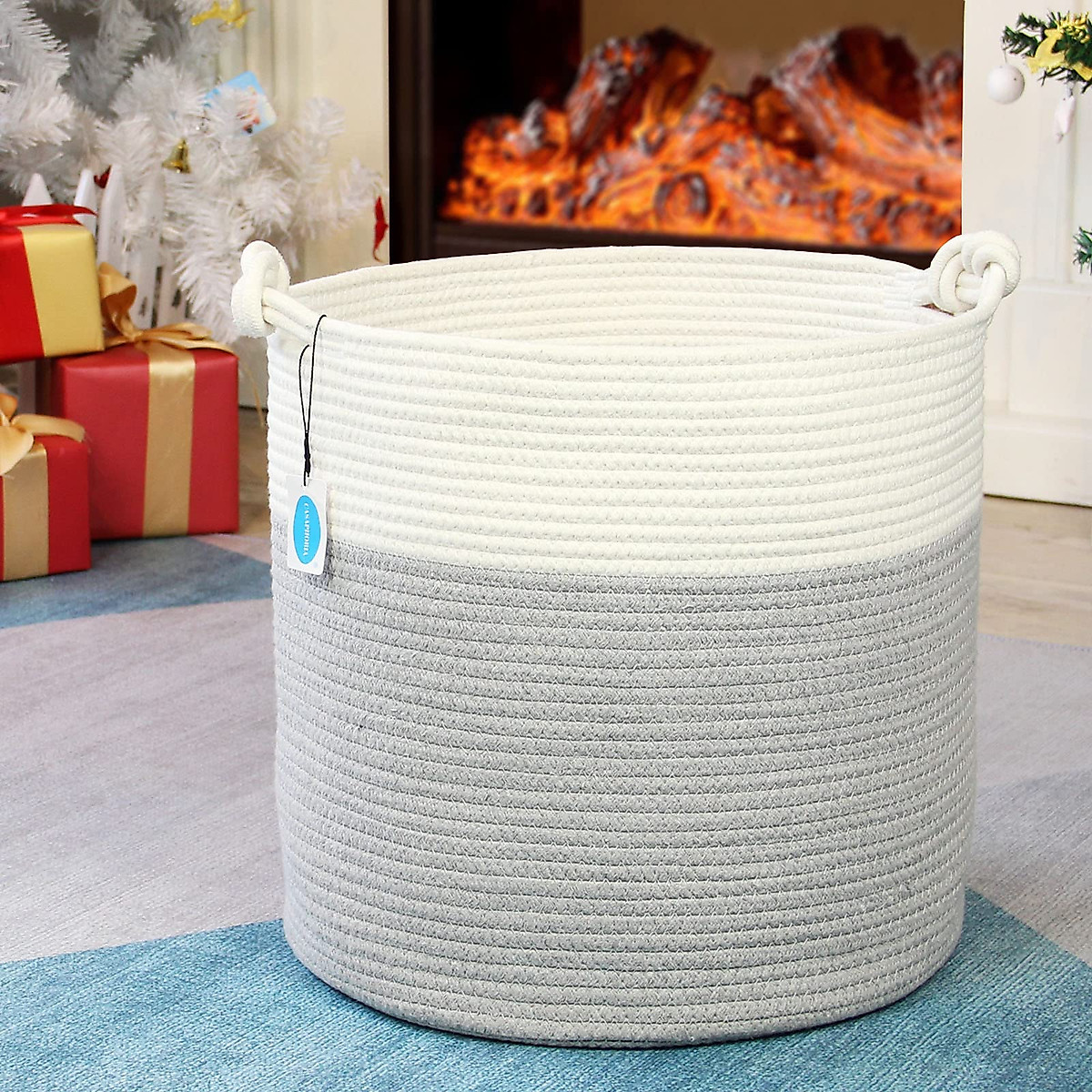 Casaphoria Woven Cotton Rope Basket with Handle for Bedroom,Round Storage Basket for Bathroom,Large Blanket Basket for Living Room,Tall Laundry Hamper Woven for Laundry,Light Gray