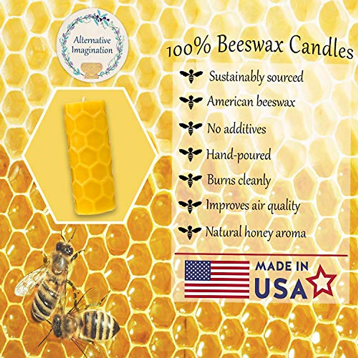 Alternative Imagination 100% Pure Beeswax Pillar Candle (2x6 Inch), 60 Hour, Honeycomb Design, Hand-Poured, Made in USA