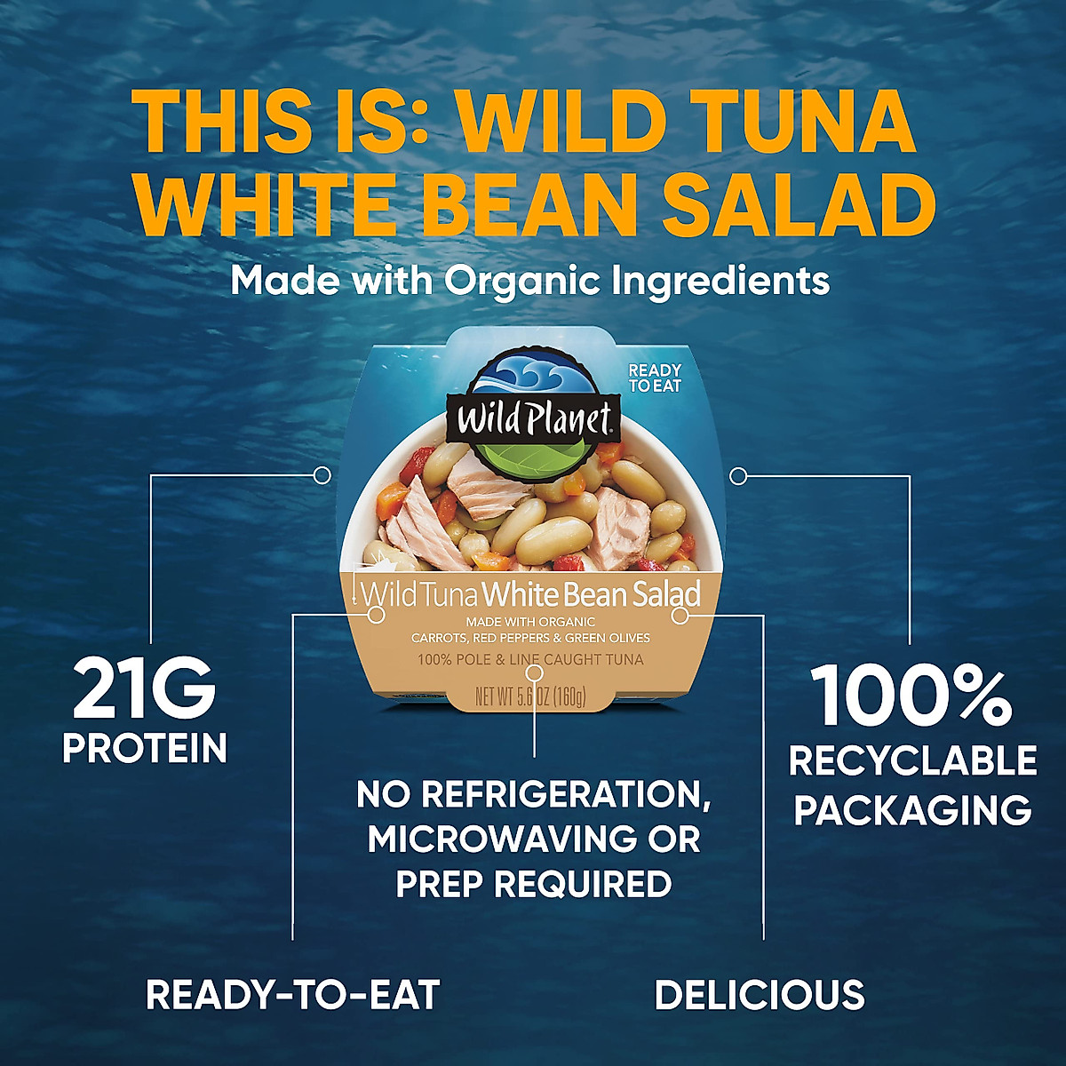 Wild Planet Ready-To-Eat Wild Tuna White Bean Salad With Organic Chickpeas, Carrots, Red Peppers & Green Olives 5.6oz, Pack Of 4