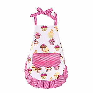 Claswcalor 100% Cotton Kids Girls Aprons, Cute Toddler Cupcake Baking Apron Adjustable Kitchen Pink Apron for Children Daughters Little Girls