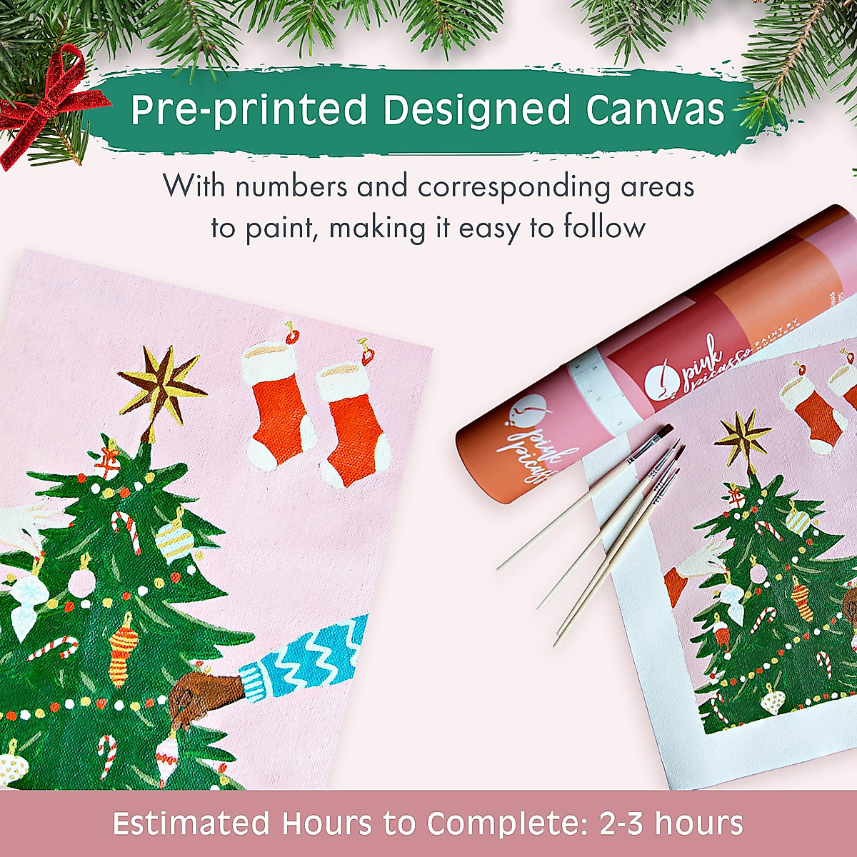 Pink Picasso Kits Color by Number Canvas Painting Kit | DIY 8x10 Premium Arts and Crafts Gift for Adults, Teens and Kids | Mid Century Merry Christmas