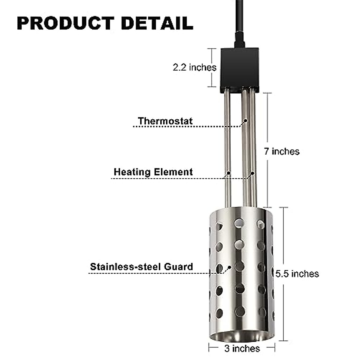 GESAIL 1000W Electric Immersion Heater, Bucket Water Heater with 304 Stainless-Steel Guard, Submersible Bucket Heater with Thermostat and Auto Shutoff, Heats 5 Gallons Water in Minutes
