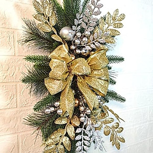 1pcs Cordless Prelit Stairway Swag Trim,Christmas Swag Wreaths for Front Door Holiday Wall Window Hanging Ornaments for Indoor Outdoor Home Xmas Decor (Gold)