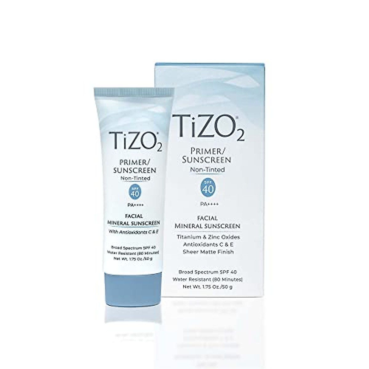 TiZO2 Facial Mineral Sunscreen and Primer, Non-tinted Broad Spectrum SPF 40 with Antioxidants, Sheer matte finish, Fragrance-Free, Oil-Free, Dermatologist-recommended, PA++++ 1.75 oz