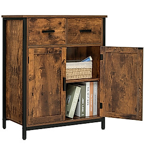 usikey Storage Cabinet with 2 Drawers & Adjustable Shelf, Freestanding Storage Cabinet, Sideboard, Accent Cupboard for Living Room, Entryway, Kitchen, Brown
