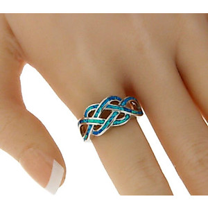 Crisscross Infinity Celtic Created Blue Opal Ring 925 Sterling Silver, Size - 8