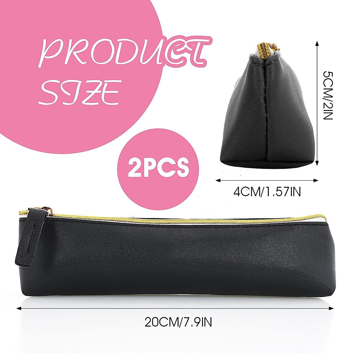 TIESOME Leather Pen Pencil Case, 2PCS Cute Slim Pen Bag Small Pencil Pouch Lovely Stationery Bag Portable Cosmetic Bag Zipper Bag for Pen Pencils Markers(Black+White)