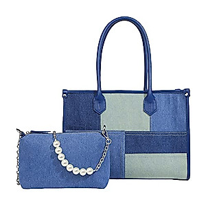 GLOD JORLEE Stylish Large Tote Bags for Women, Large Denim Shoulder Tote Handbags with a Small Denim Purses(Blue)