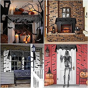 Surfapans Halloween Mantle Scarf Decor Black Lace Fireplace Mantel Cover Garland Spiderweb Scarves 60 Pcs 3D Bats Wall Stickers for Festive Party Indoor Decor 18 x 98 inch