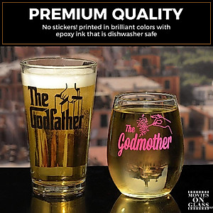 The Godfather & The Godmother Printed Pint & Stemless Wine Glass Set - Officially Licensed, Premium Quality, Handcrafted Glassware - A Collectible Gift for Godparents, Movie Lovers & Special Occasions