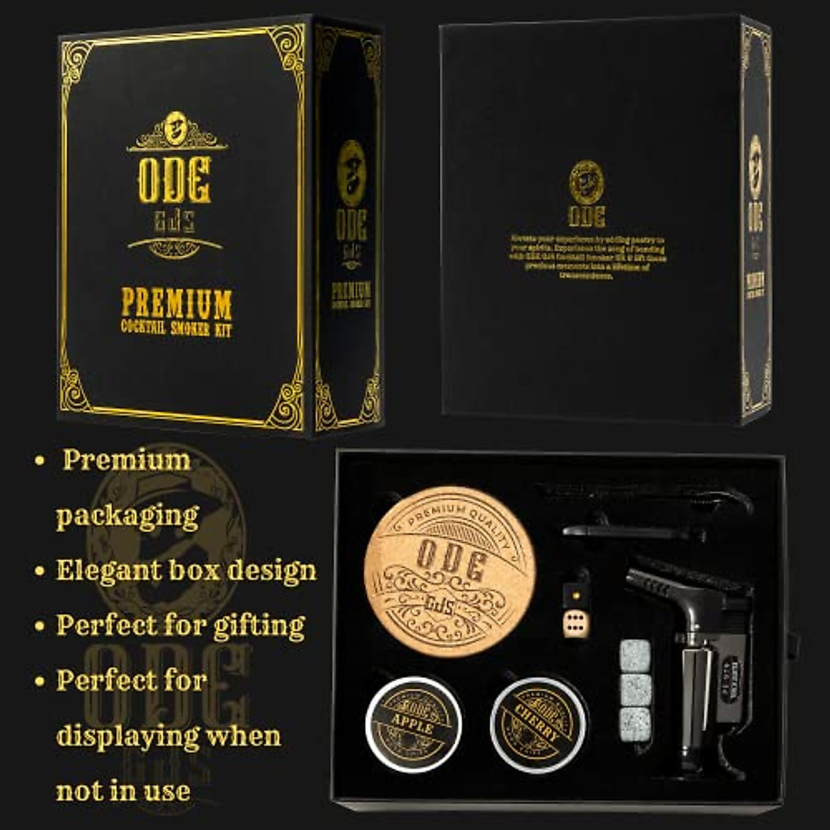 OdeGjs Premium Cocktail Smoker Kit - Includes 4 Wood Chips for Bourbon and Whiskey plus Drink Smoker Accessories Unique Gifts for Men and Women on all Occasions Including Torch No Butane
