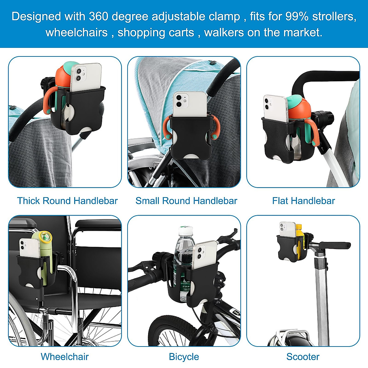 Accmor 2-in-1 Stroller Cup Holder, Universal Cup Holder for Uppababy Nuna Doona Strollers, 360° Rotatable Large Caliber Drinks Holder Cup Holder for Stroller, Bike, Wheelchair, Walker, Scooter