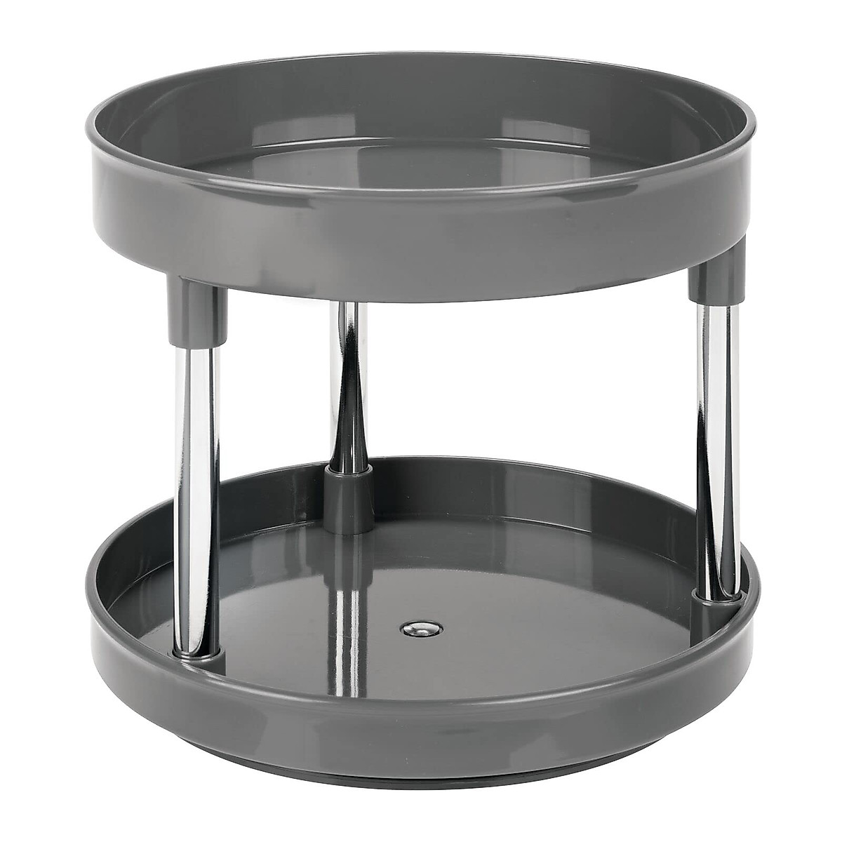 mDesign 2 Tier Lazy Susan Turntable Food Storage Container for Cabinets, Pantry, Fridge, Countertops - Raised Edge, Spinning Organizer for Spices, Condiments - 9" Round - Charcoal Gray/Chrome