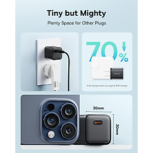 USB C Charger, Baseus USB C Wall Charger 30W PD Charger, GaN Fast Charger Block, USB-C Power Adapter for iPhone 15/14/13/12/11/Pro/Pro Max/XS/XR, Galaxy S23 Ultra, Google Pixel, MacBook, iPad, Black