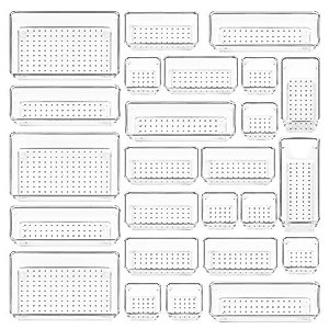 Vtopmart 25 PCS Clear Plastic Drawer Organizers Set, 4-Size Versatile Bathroom and Vanity Drawer Organizer Trays, Storage Bins for Makeup, Bedroom, Kitchen Gadgets Utensils and Office