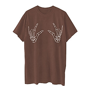 Avanova Women Skull Print Graphic Oversized Tees Vintage Skeleton Hands Loose Fit T Shirt Brown Small