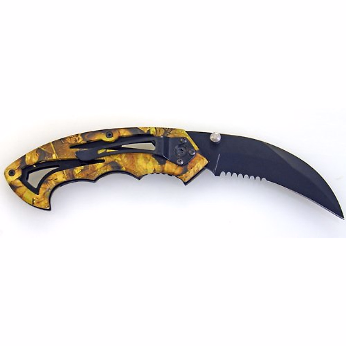 Camouflaged Handled Hunting Knife with a single 7-5/8 Folding Curved Edge Black Serrated Blade made of 440 Stainless Steel