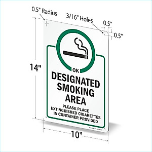 SmartSign 14 x 10 inch “Designated Smoking Area - Place Extinguished Cigarettes In Container Provided” Metal Sign, 40 mil Laminated Rustproof Aluminum, Green, Black and White