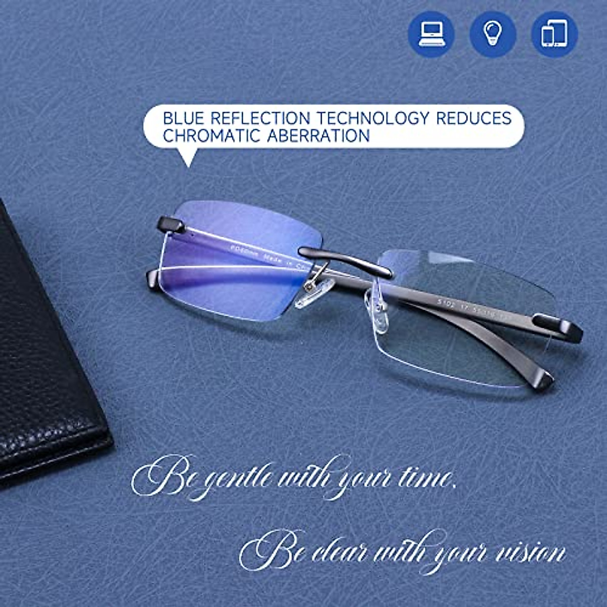 Missfive Premium Aluminum Progressive Multifocus Reading Glasses Men Blue Light Blocking, No-Line Spring Hinge Rimless Office Multifocal Metal Readers, Workspace for Mid-Near Range(3.0x, Gunmetal)
