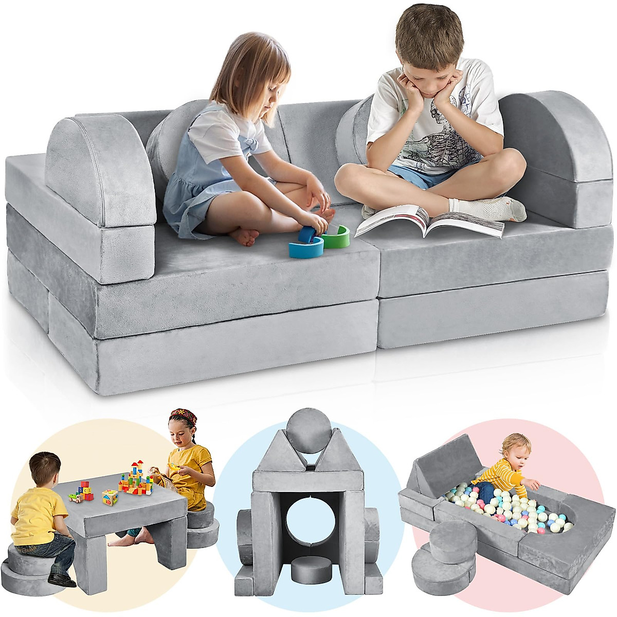 AIRBANK 16PCS Kids Play Couch, Modular Kids Couch Toddler Play Couch Child Sectional Sofa, Convertible Foam Easy to Build Magical Forts in Playroom Indoor Nursery Grey