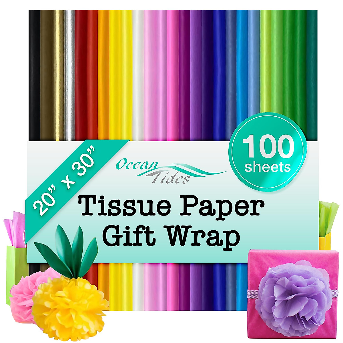 Ocean Tides Tissue Paper Gift Wrap - Large Sheets of Bulk Wrapping 100 200 300 or 500 Sheets 20 X 30Assorted Black Blue Fuchsia Gold Green Orange Pink Purple Silver White Yellow