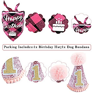 PET SHOW Pink Small Dog First Birthday Party Hat and Bandana Set for Puppies Cats 1 st Birthday Gift Cone Hat Headband Plaid Bandana Grooming Accessories Costume