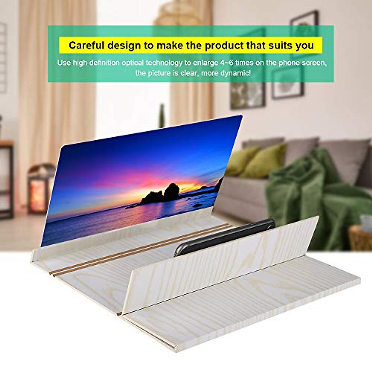 12'' Screen Magnifier Smartphone Magnifying Glass , Anti Radiation Enlarger Screen for Mobile Phone , Movie Video Screen Amplifier with Wood Grain Stand Bracket Foldable Stand Holder for iPhone White