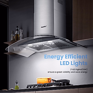 COMFEE' Curved Glass Range Hood 36 Inch 450 CFM 3 Speed Gesture Sensing &Touch Control Panel Stainless Steel Kitchen Ductless/Ducted Convertible with Baffle Filters and 2 LED Lights (CVG36W9AST)
