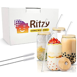 Ritzy Home Shopping - Aesthetic Set of 4-16 Oz Tumbler Glasses with Bamboo Lids and Glass Straws - Clear Drinking Glass Design for Iced Coffee, Tea, Cocktail, latte or Beer.