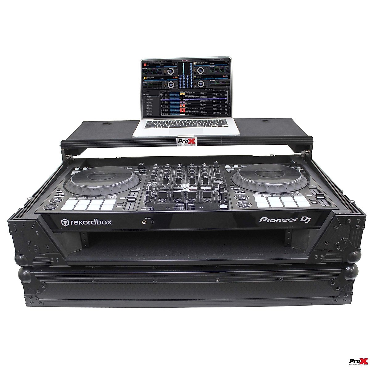 ProX Flight Case for Pioneer DDJSX3/1000 SRT Controller with 2U Rack Space,Sliding Glide Laptop Shelf,Wheels and LED Kit-Black on Black Design-XS-SX1K2UWLTBLLED
