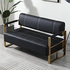 57.9" Faux Leather Loveseat Sofa, Mid Century Modern Sofas Small Couch with Gold Armrests & Legs, Upholstered 2-Seater Love Seat Couches for Living Room, Apartment, Office, Shop, Anteroom (Black)