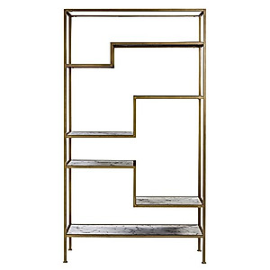 Versanora Teamson Home Marmo Faux Marble Top Metal Frames 5 Tier Modern Bookcase Display Rack Accent Furniture with Open Shelf Storage for Living Room Home Office Bedroom, 72 inch Height, Brass