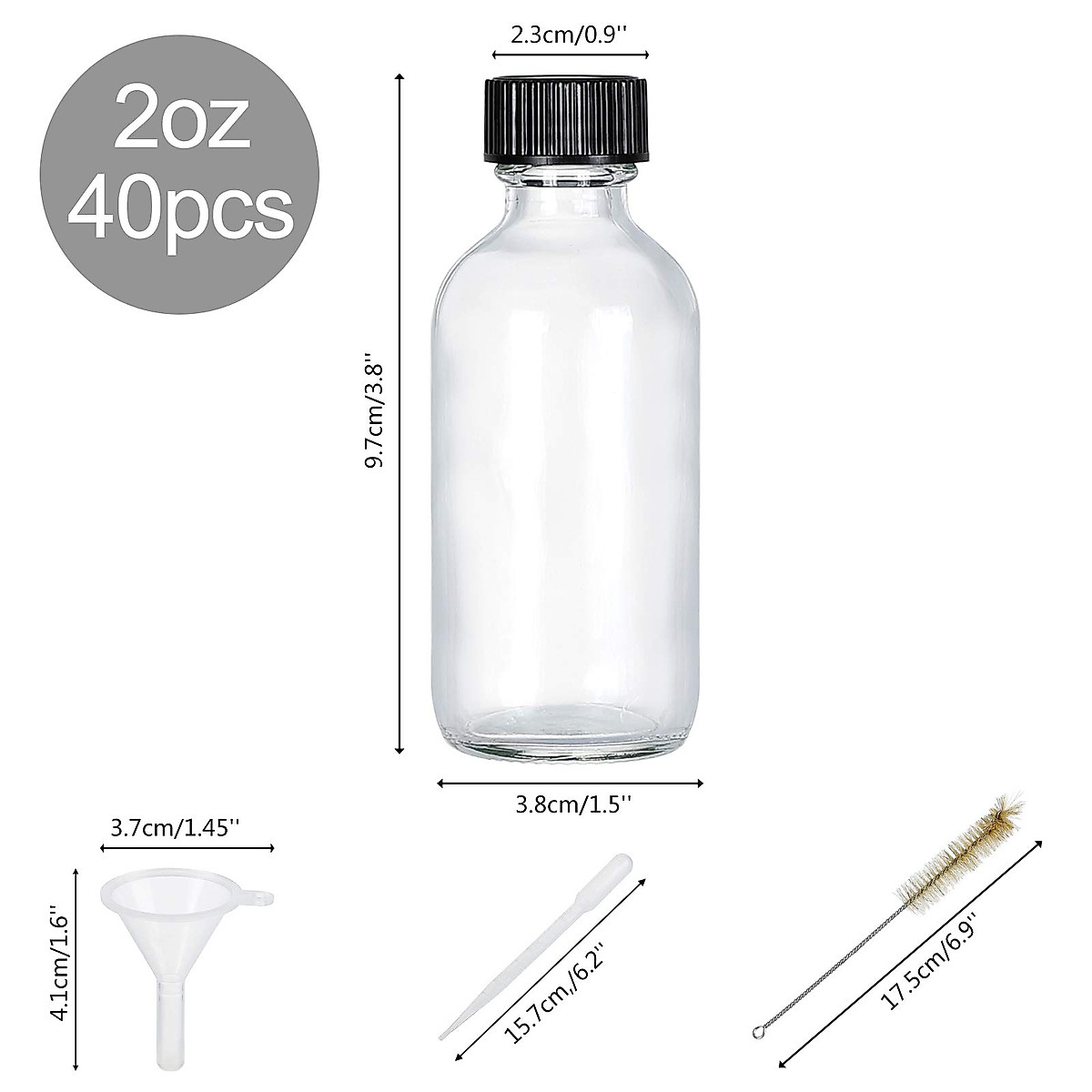 2oz Clear Glass Bottle with Poly Cone Cap, Boston Round Sample Glass Bottle for Potion, Juice, Ginger Shots, Oils, Whiskey, Liquids-48 Labels, 5 Funnels, 5 Droppers, 1 Brush & Chalk Marker-Pack of 40