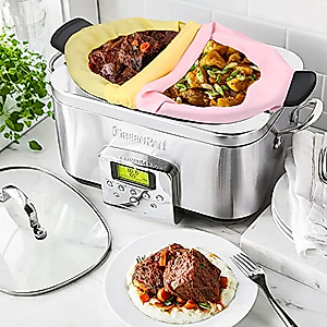 2 Pack Foldable Silicone Slow Cooker Liners, Reusable Crock Pots Silicone Liner Fit 6-8 Quarts Crockpot Leakproof Easy Clean Bags Divider for Oval or Round Pot (Pink+Yellow)