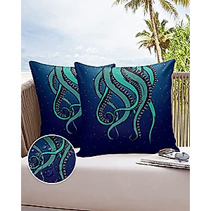 Outdoor Waterproof Throw Pillow Covers 2 Pack Square Pillowcases Underwater Octopus Tentacles Pillow Protectors Decorative Cushion Cases for Patio,Garden,16x16 Inch