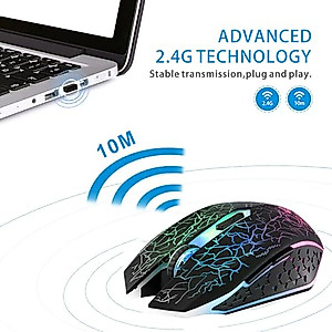 TENMOS M2 Wireless Gaming Mouse, Silent Rechargeable Optical USB Computer Mice Wireless with 7 Color LED Light, Ergonomic Design, 3 Adjustable DPI Compatible with Laptop/PC/Notebook, 6 Buttons (Black)