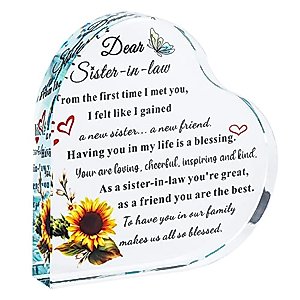 YWHL Sister in Law Birthday Gifts, Unbiological Sister Gift, Heart Shape Glass Keepsake Decor Anniversary Wedding Gifts for Sister In Law, Thanksgiving Christmas Gift