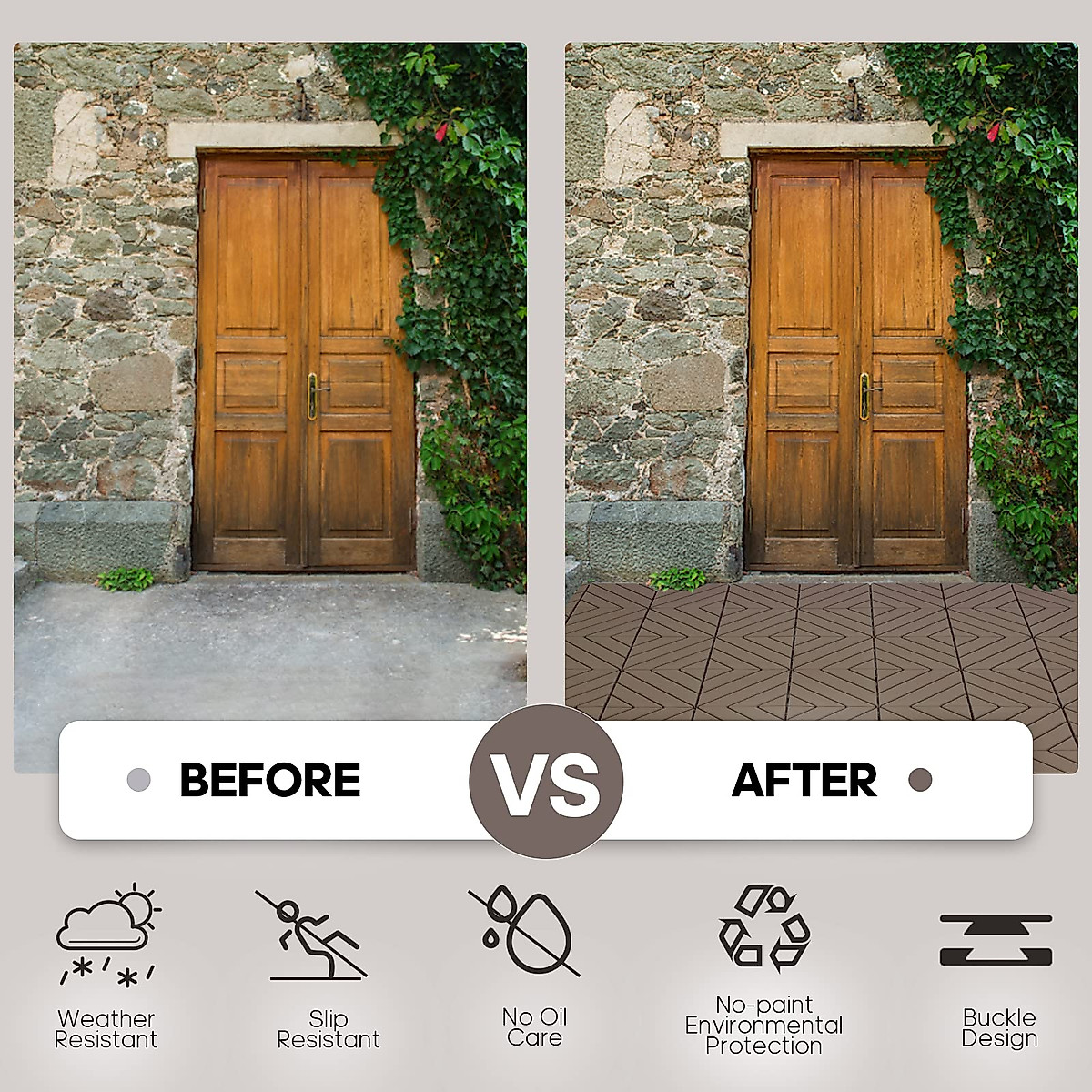 Chaoaixx Plastic Interlocking Deck Tiles,9 Pack Patio Deck Tiles Patio Deck Tiles Waterproof Outdoor Flooring, 10" x 10" Patio Floor Decking Tiles for Porch Poolside, Wood Grain Brown