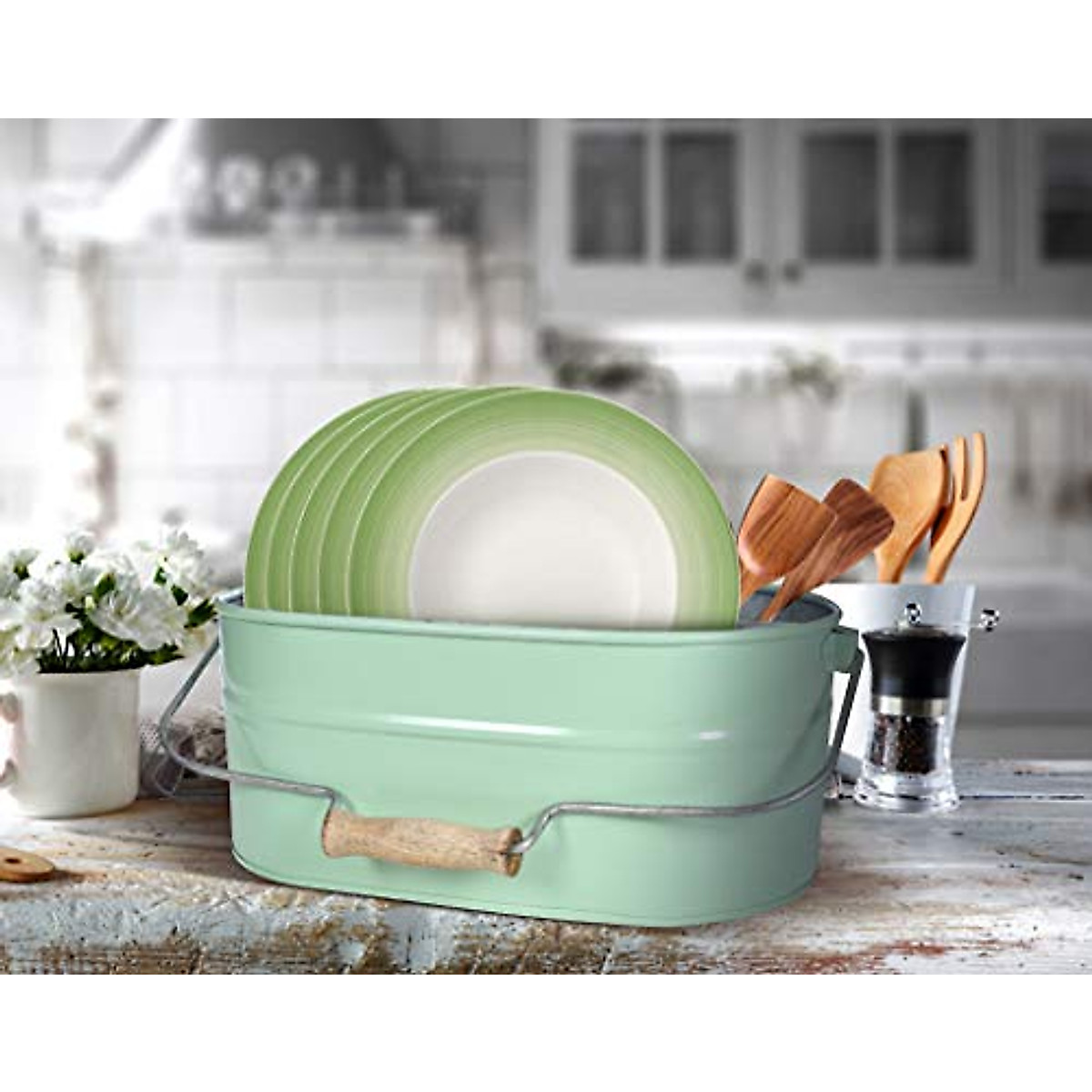 Goroly Home Large Utensil Holder For Kitchen Countertop, Dinner Table, Rustic Farmhouse Caddy For Décor, Metal Galvanized Utensils, Spatula, Spoons, Knives, Forks Organizer - Aqua